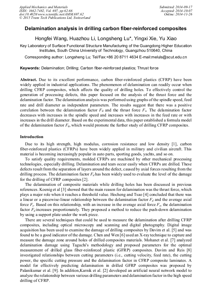 Delamination Analysis in Drilling Carbon Fiber-Reinforced Composites ...