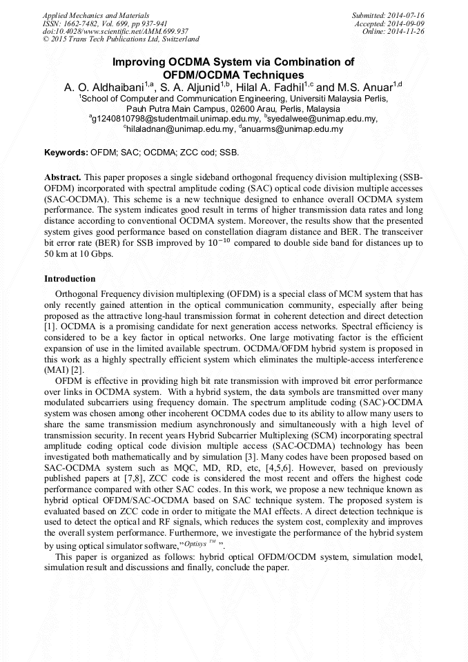 Improving OCDMA System via Combination of OFDM/OCDMA Techniques ...