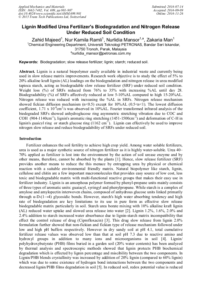 Lignin Modified Urea Fertilizer's Biodegradation and Nitrogen Release ...