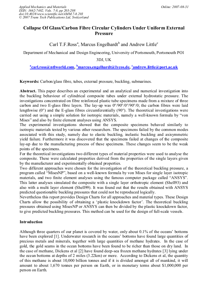 Collapse of Glass/Carbon Fibre Circular Cylinders under Uniform ...