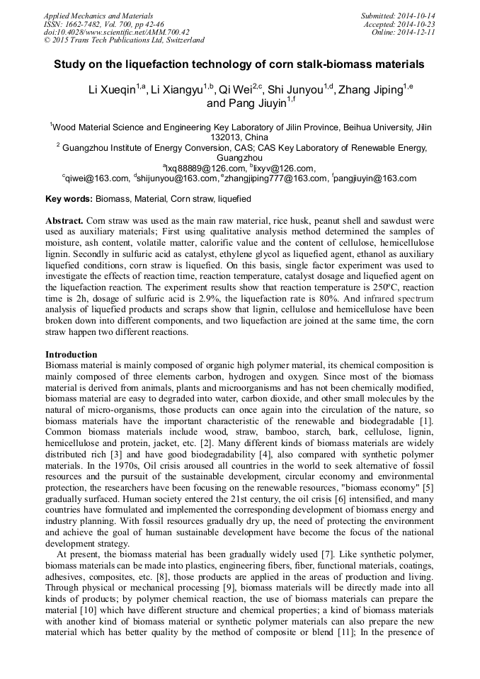 Study on the Liquefaction Technology of Corn Stalk-Biomass Materials ...