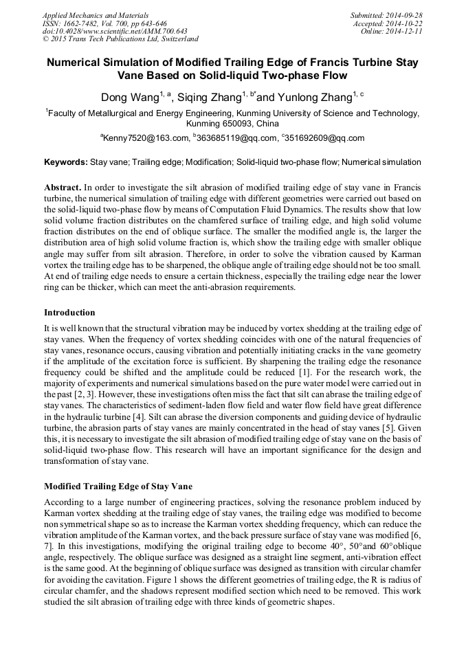 Numerical Simulation of Modified Trailing Edge of Francis Turbine Stay ...