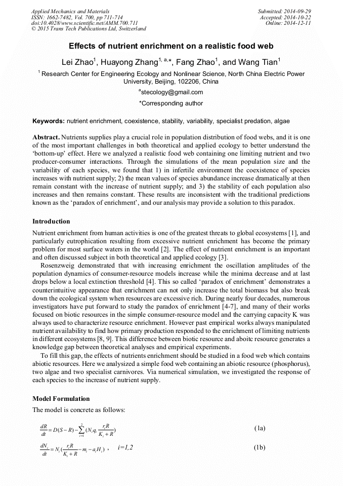Effects of Nutrient Enrichment on a Realistic Food Web | Scientific.Net