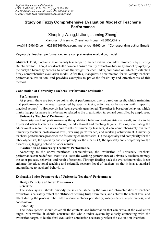 Study on Fuzzy Comprehensive Evaluation Model of Teacher’s Performance ...