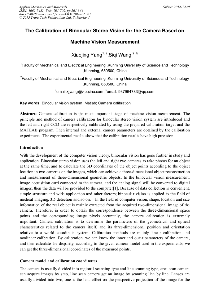 The Calibration of Binocular Stereo Vision for the Camera Based on ...