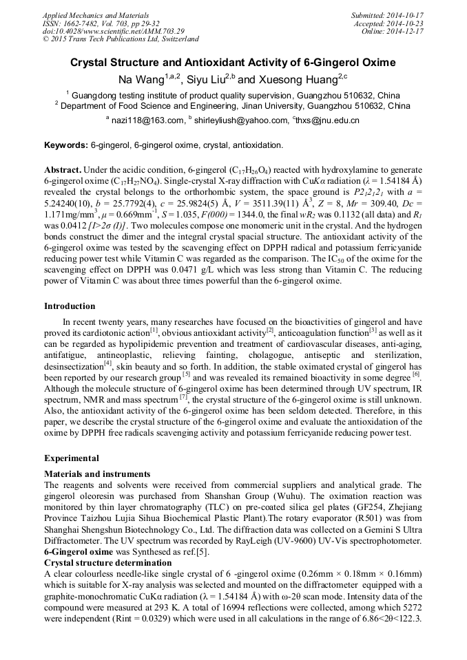 Crystal Structure and Antioxidant Activity of 6-Gingerol Oxime ...