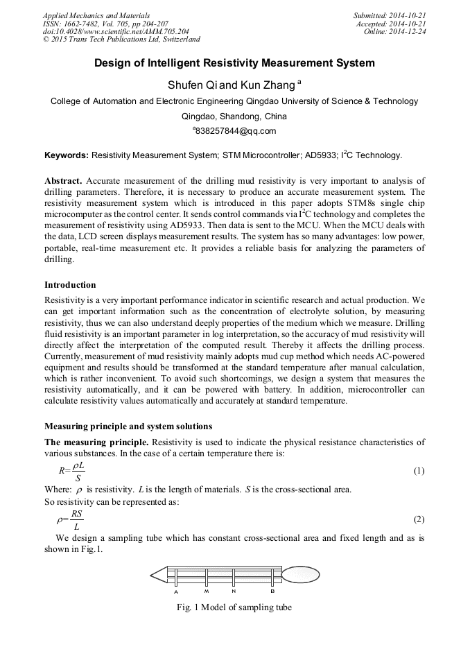 Design of Intelligent Resistivity Measurement System | Scientific.Net