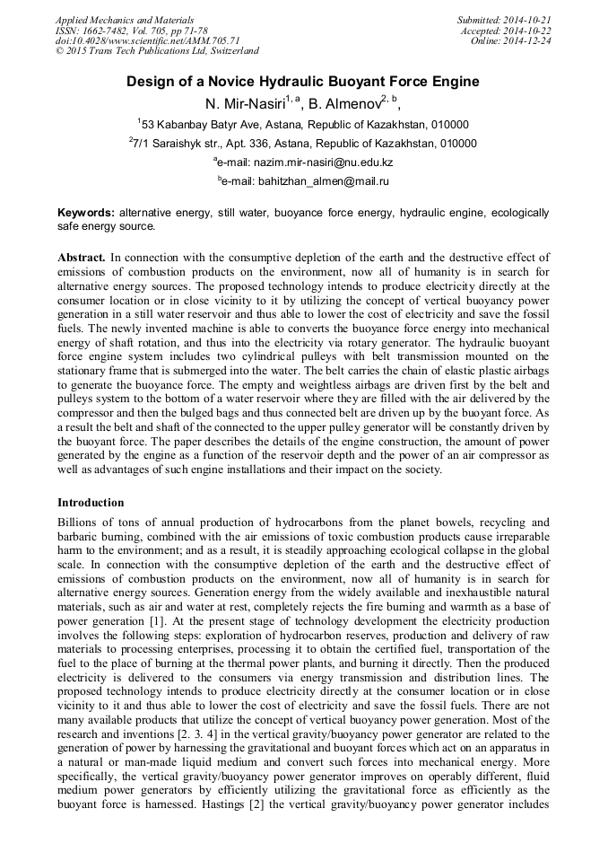 Design of a Novice Hydraulic Buoyant Force Engine | Scientific.Net