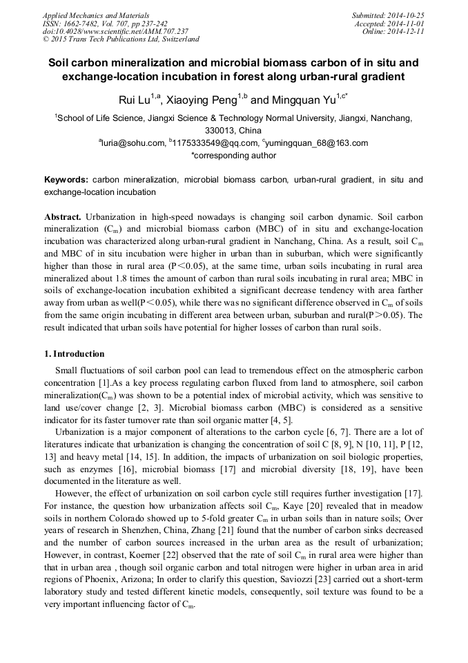 Soil Carbon Mineralization and Microbial Biomass Carbon of In Situ and ...