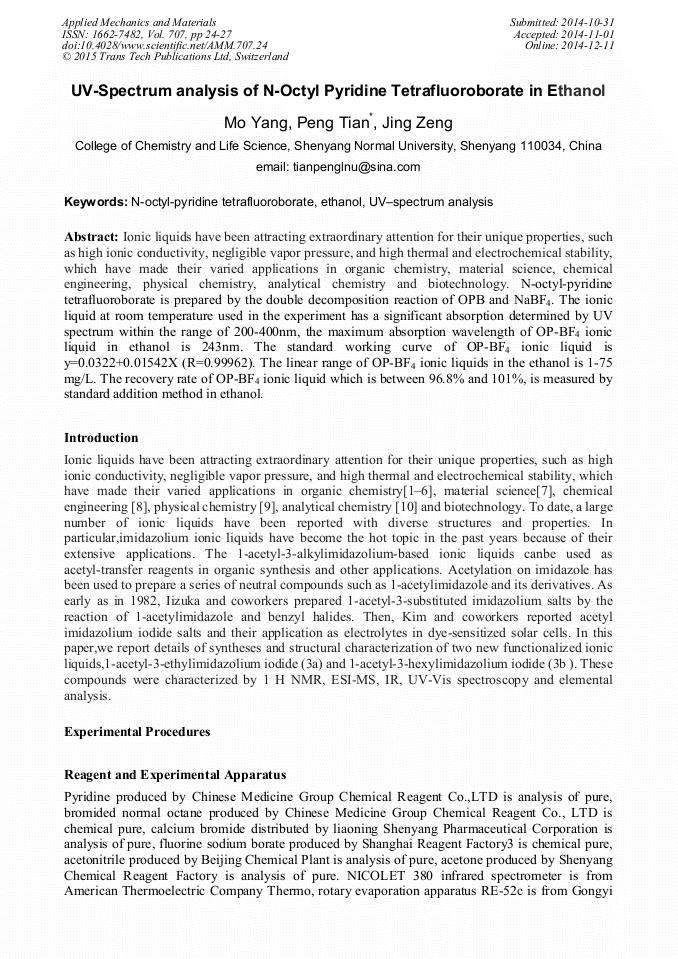 UV-Spectrum Analysis of N-Octyl Pyridine Tetrafluoroborate in Ethanol ...