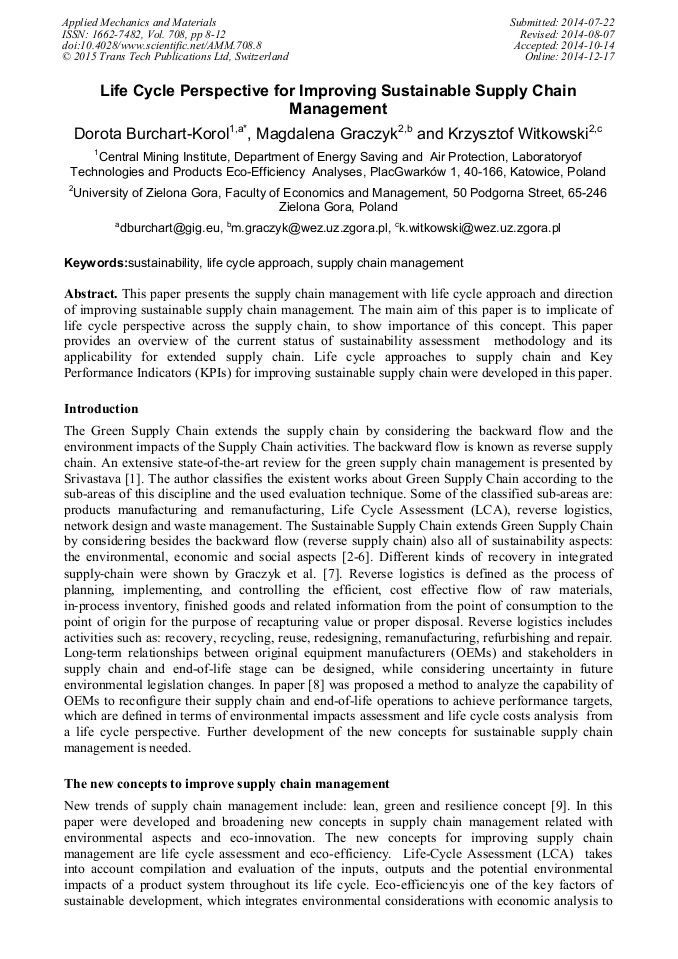 Life Cycle Perspective for Improving Sustainable Supply Chain ...