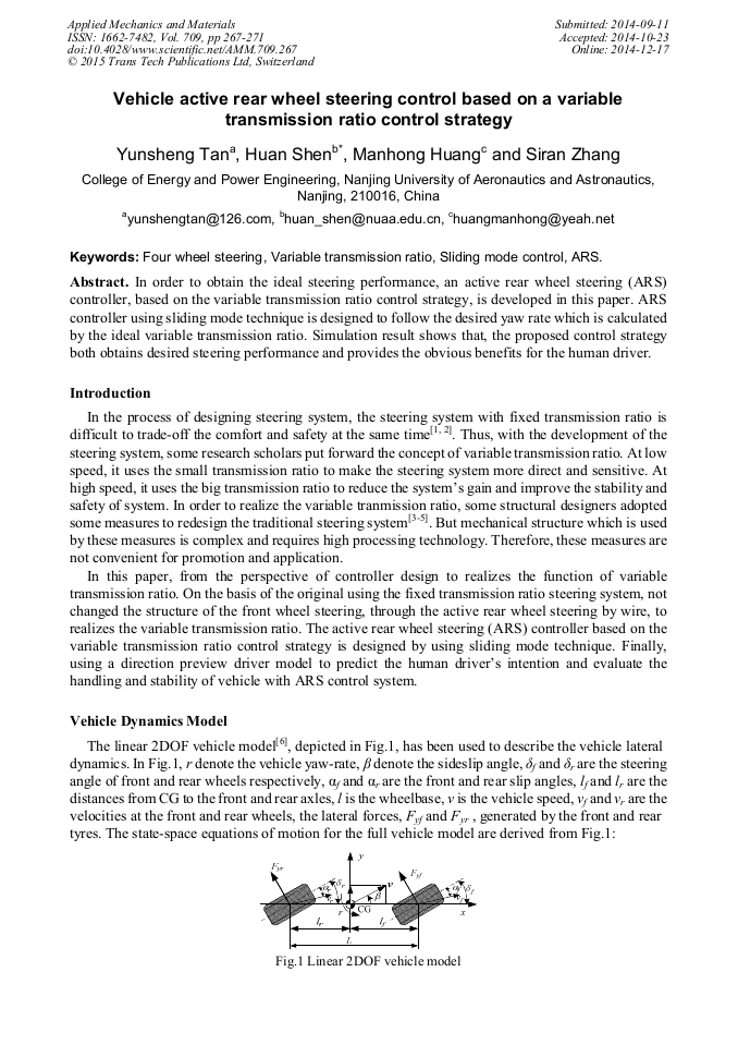 Vehicle Active Rear Wheel Steering Control Based on a Variable ...