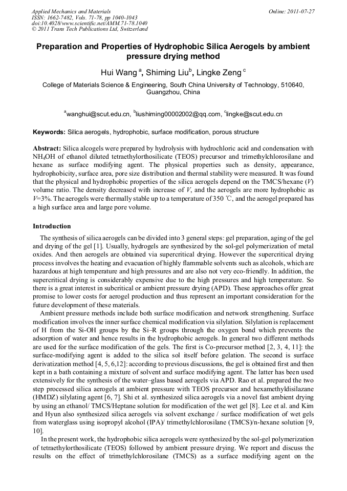 Preparation and Properties of Hydrophobic Silica Aerogels by Ambient Pressure Drying Method ...