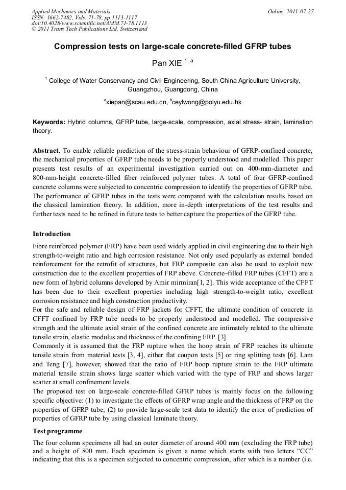 Compression Tests on Large-Scale Concrete-Filled GFRP Tubes ...