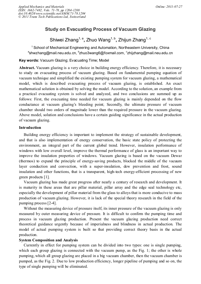 Study on Evacuating Process of Vacuum Glazing | Scientific.Net
