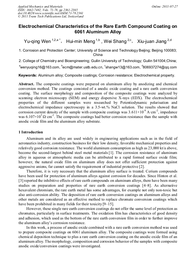 Electrochemical Characteristics of the Rare Earth Compound Coating on ...