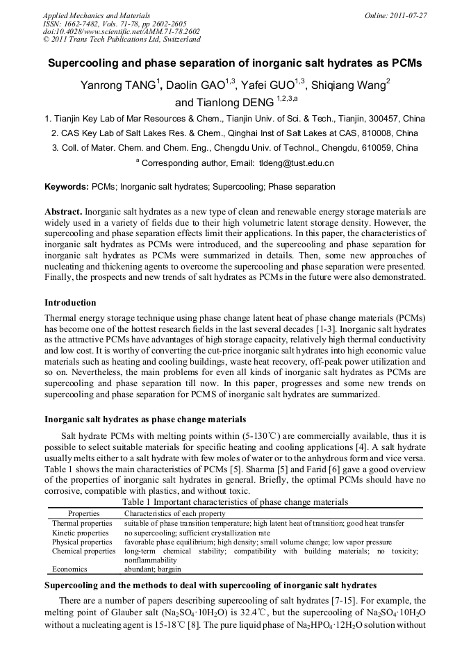 Supercooling and Phase Separation of Inorganic Salt Hydrates as PCMs ...