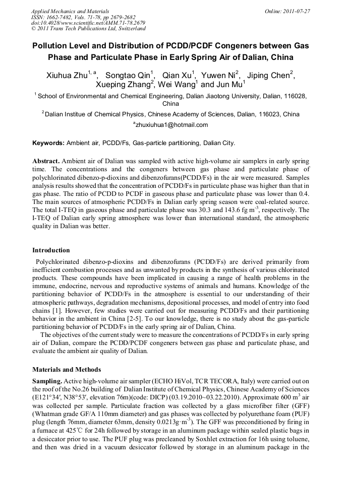 Pollution Level and Distribution of PCDD/PCDF Congeners between Gas Phase and Particulate Phase ...