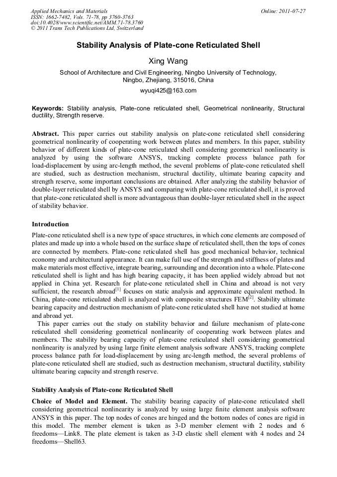 Stability Analysis of Plate-Cone Reticulated Shell | Scientific.Net