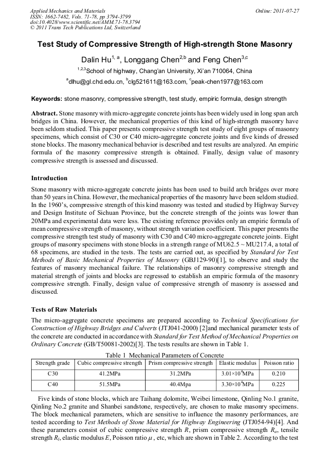 Test Study of Compressive Strength of High-Strength Stone Masonry ...