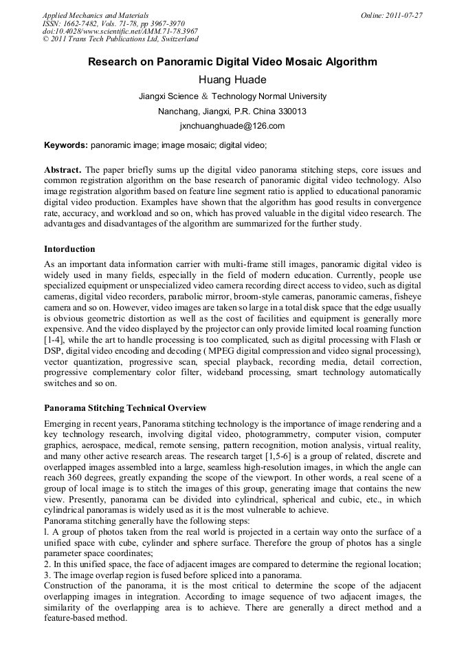 Research on Panoramic Digital Video Mosaic Algorithm | Scientific.Net