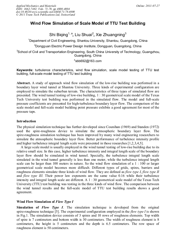 Wind Flow Simulation of Scale Model of TTU Test Building | Scientific.Net