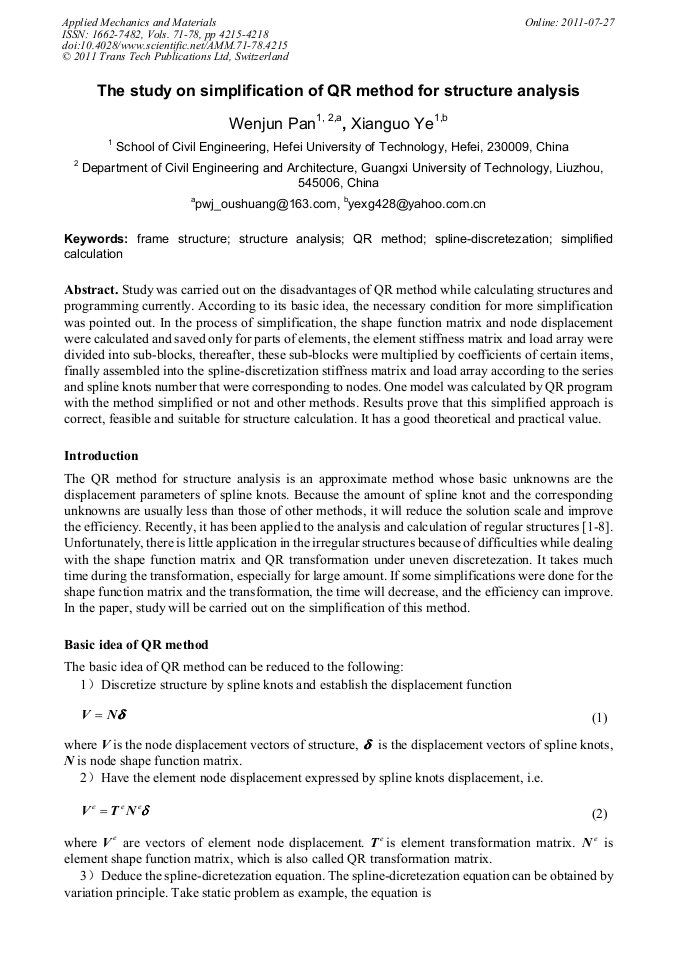 The Study on Simplification of QR Method for Structure Analysis ...