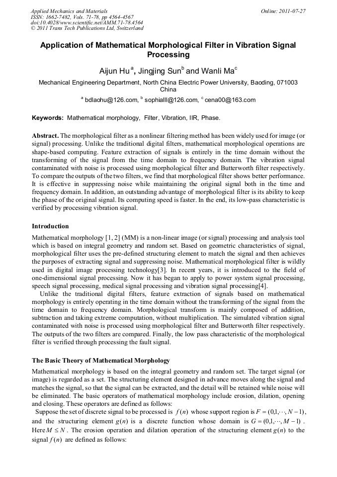 Application of Mathematical Morphological Filter in Vibration Signal ...