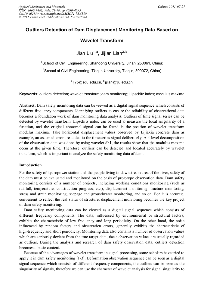 Outliers Detection of Dam Displacement Monitoring Data Based on Wavelet Transform | Scientific.Net