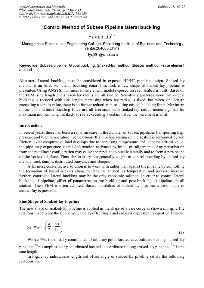Control Method of Subsea Pipeline Lateral Buckling | Scientific.Net