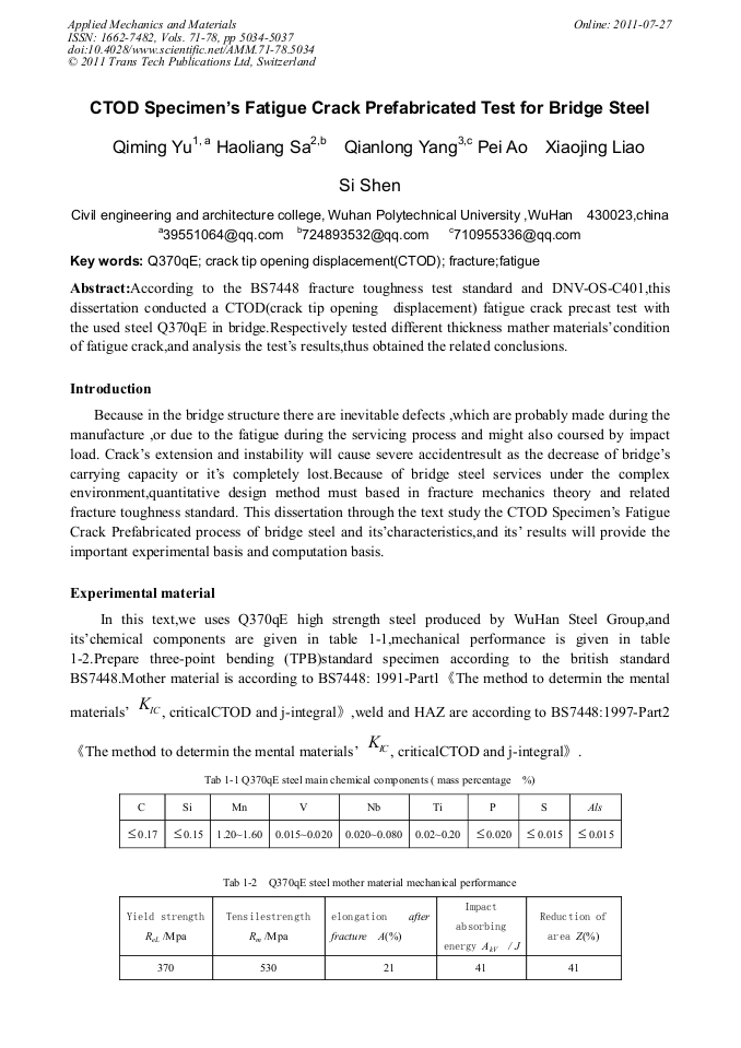 CTOD Specimen’s Fatigue Crack Prefabricated Test for Bridge Steel ...