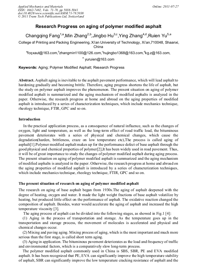 Research Progress on Aging of Polymer Modified Asphalt | Scientific.Net