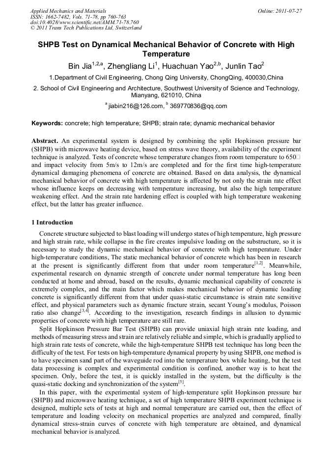 SHPB Test on Dynamical Mechanical Behavior of Concrete with High ...