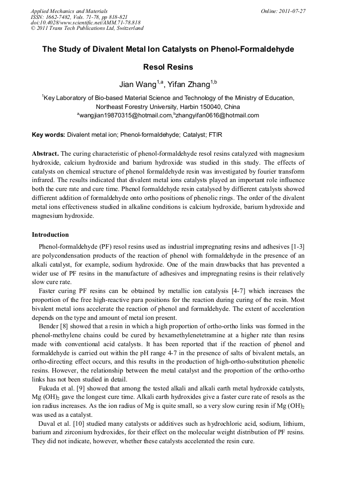The Study of Divalent Metal Ion Catalysts on Phenol-Formaldehyde Resol Resins | Scientific.Net