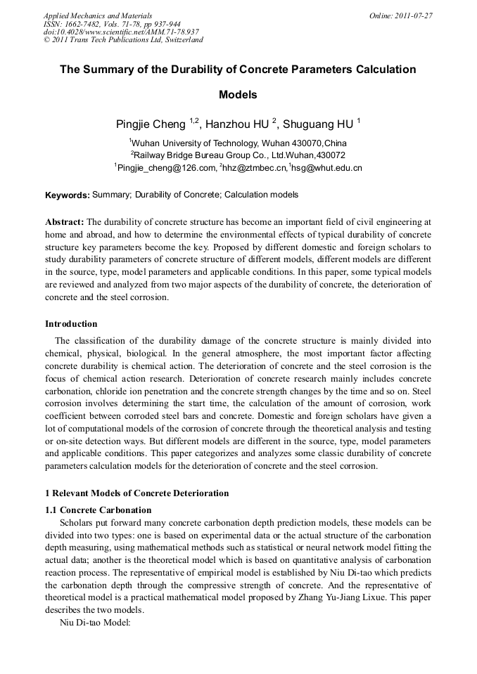 The Summary of the Durability of Concrete Parameters Calculation Models ...