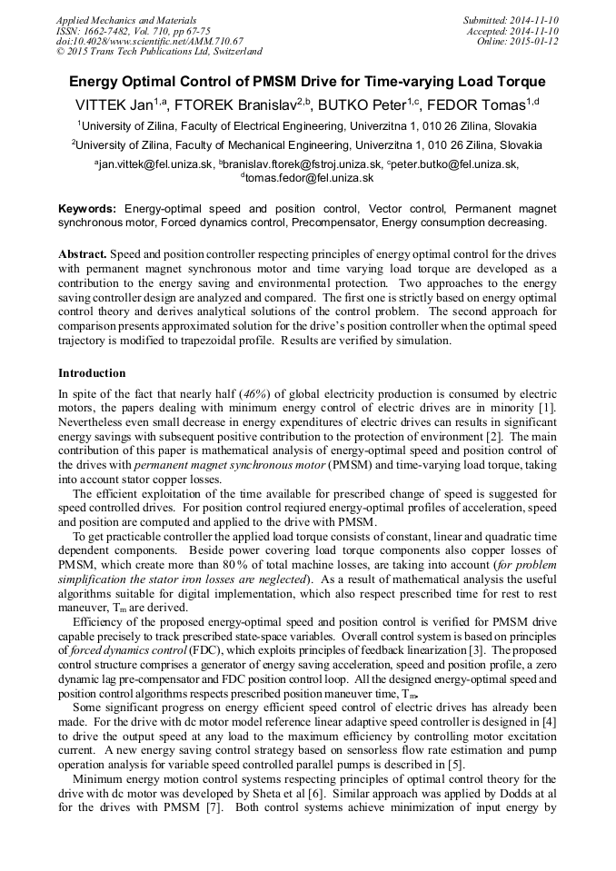 Energy Optimal Control of PMSM Drive for Time-Varying Load Torque ...