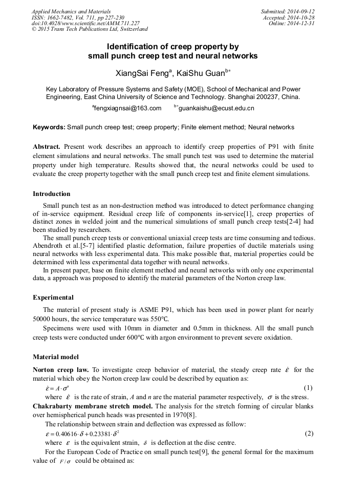 Identification of Creep Property by Small Punch Creep Test and Neural ...
