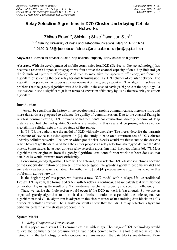 Relay Selection Algorithms in D2D Cluster Underlaying Cellular Networks | Scientific.Net
