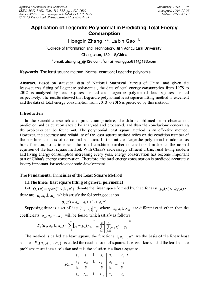Application of Legendre Polynomial in Predicting Total Energy ...