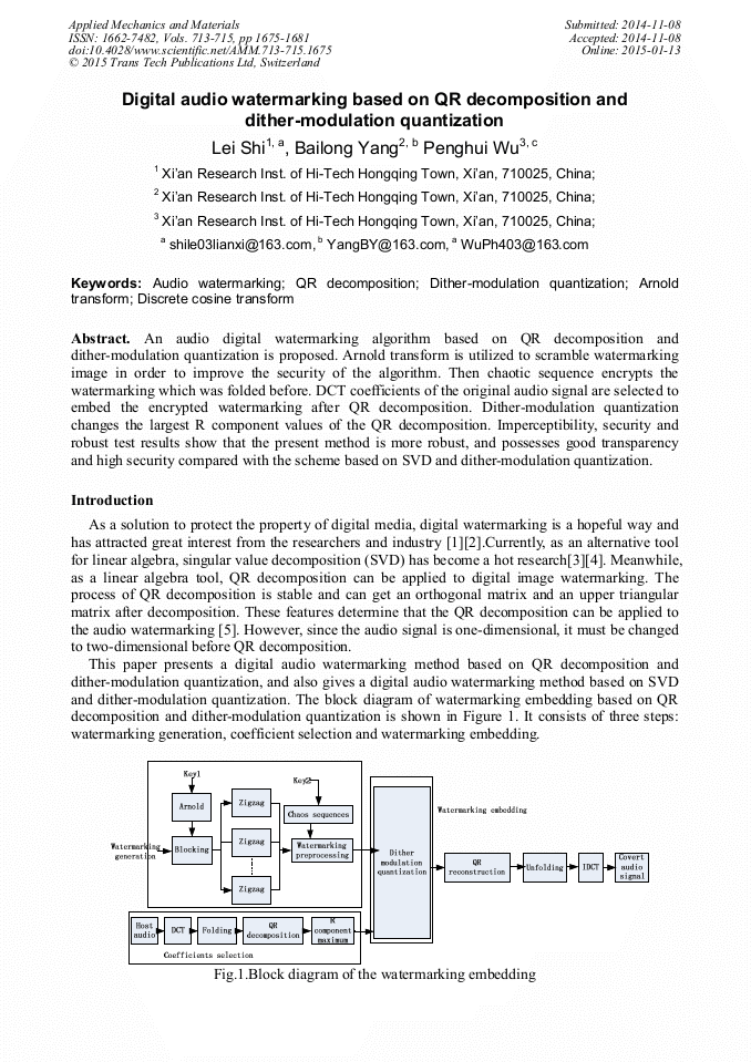 Digital Audio Watermarking Based on QR Decomposition and Dither-Modulation Quantization ...