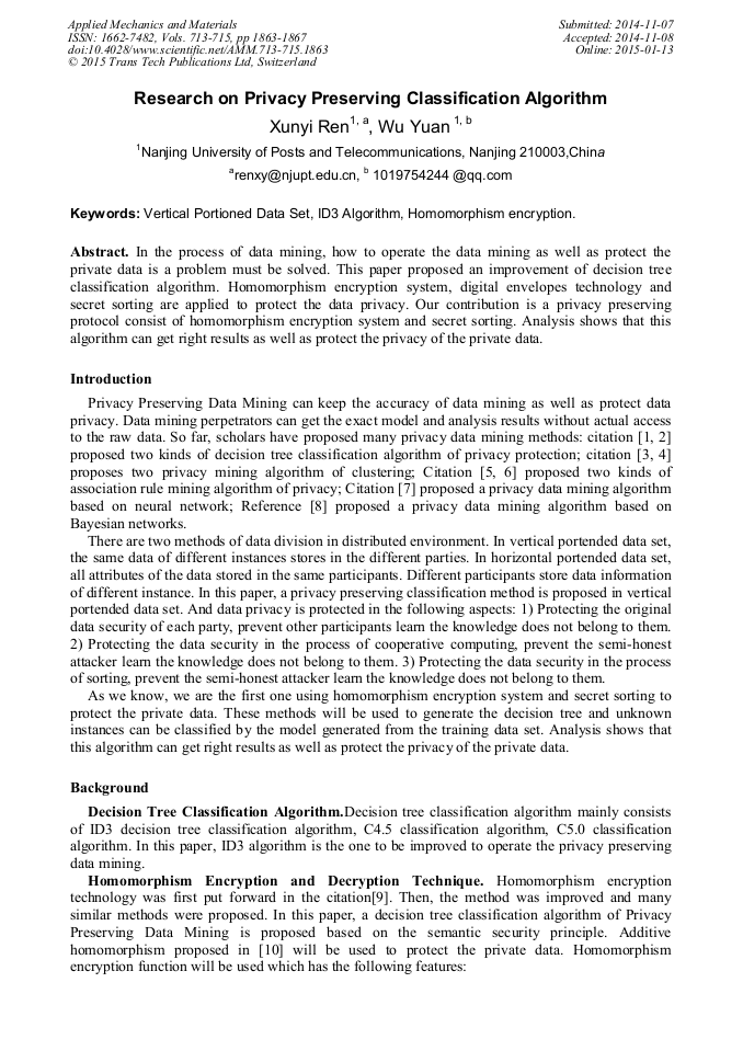Research on Privacy Preserving Classification Algorithm | Scientific.Net