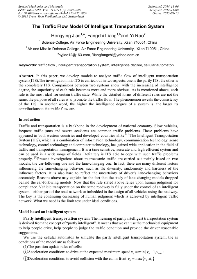 The Traffic Flow Model of Intelligent Transportation System ...