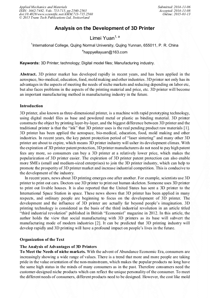 Analysis on the Development of 3D Printer | Scientific.Net