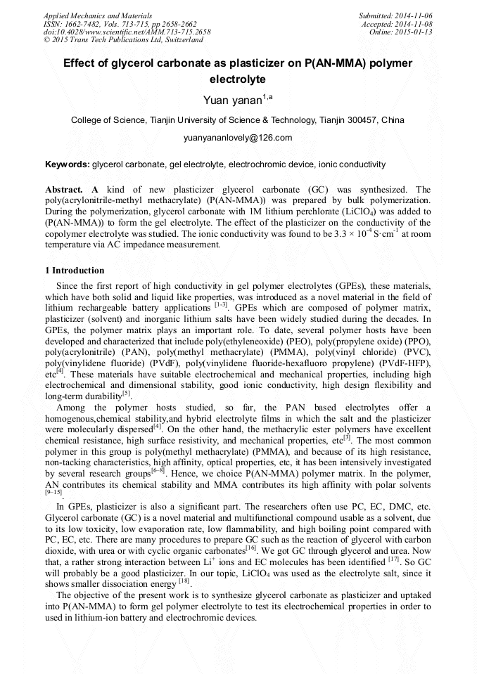 Effect of Glycerol Carbonate as Plasticizer on P(AN-MMA) Polymer ...