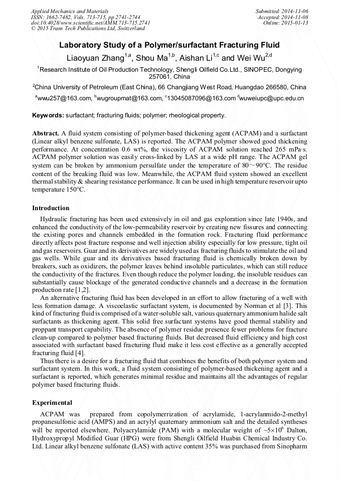 Laboratory Study of a Polymer/Surfactant Fracturing Fluid | Scientific.Net