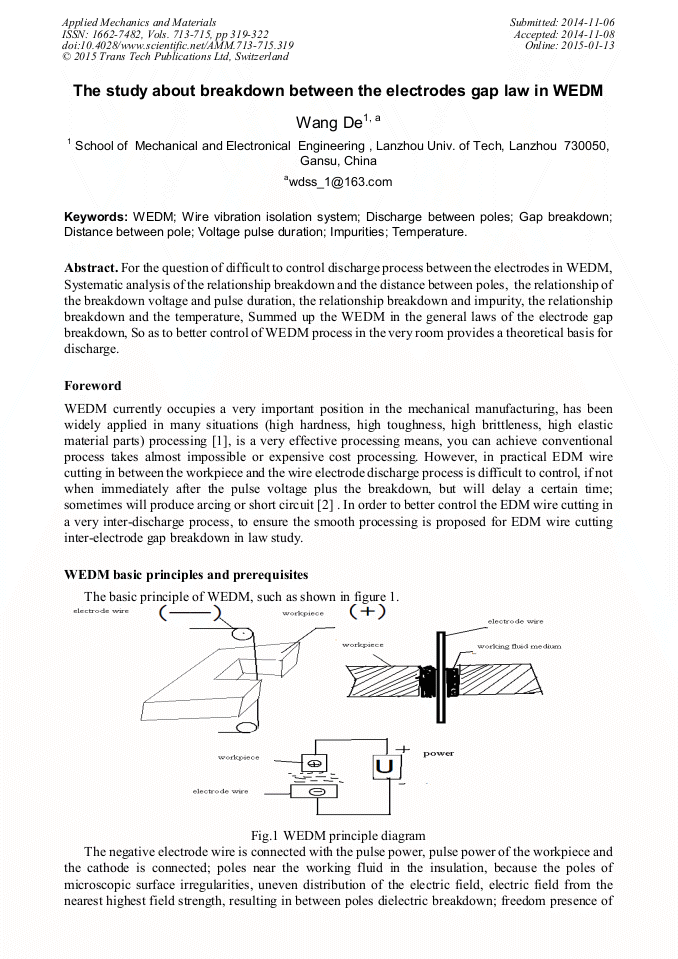 The Study about Breakdown between the Electrodes Gap Law in WEDM ...