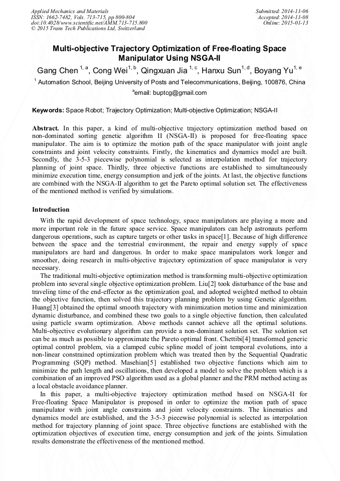 Multi Objective Trajectory Optimization Of Free Floating Space Manipulator Using Nsga Ii