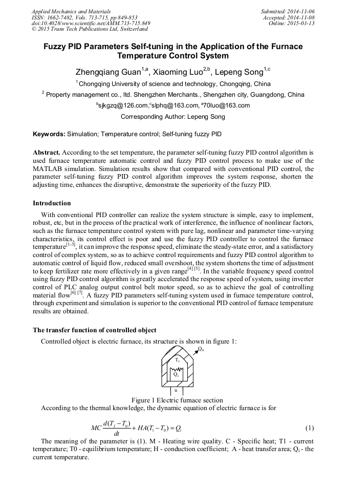 Fuzzy PID Parameters Self-Tuning in the Application of the Furnace Temperature Control System ...