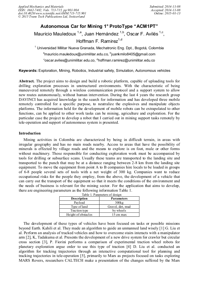 Autonomous Car for Mining 1° ProtoType “ACM1PT” | Scientific.Net