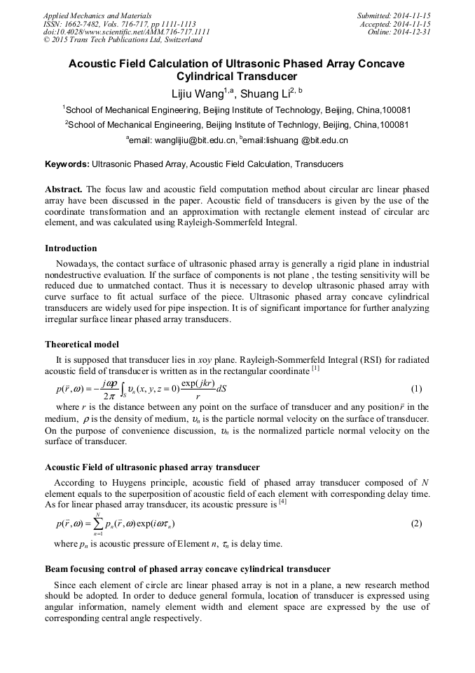 Acoustic Field Calculation of Ultrasonic Phased Array Concave ...